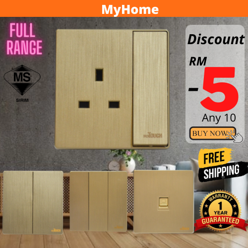 SIRIM Retouch Gold Ultra Rimless Electric Wall Switch Socket Modern Design 1 2 3 4 gang 13A 20A ...