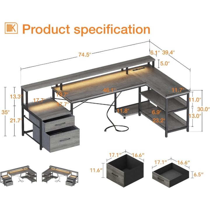 [dianc] L-shaped desk with drawers, with power socket and LED light bar ...