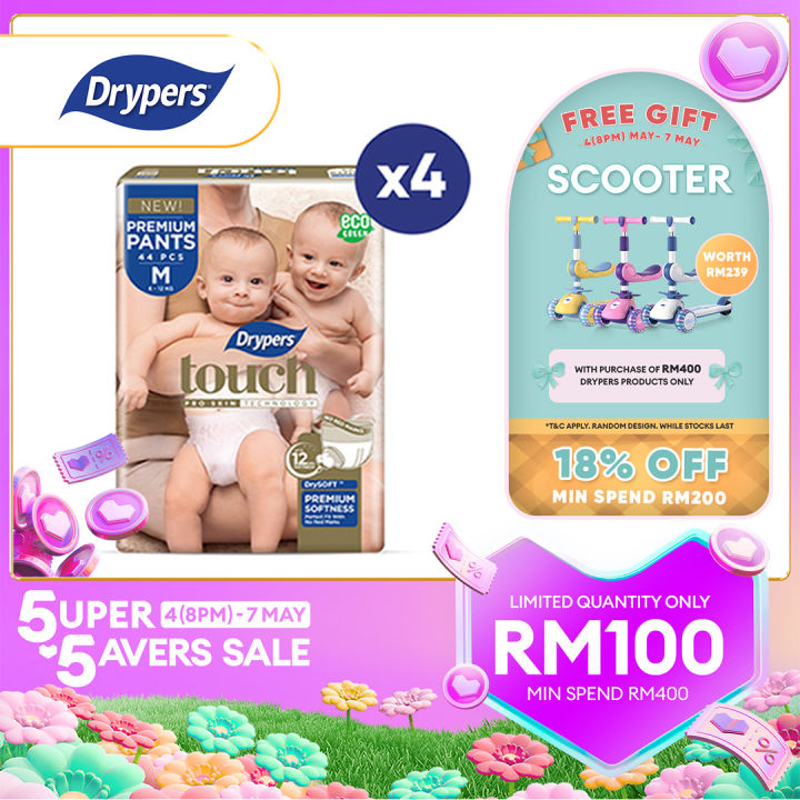 Drypers Touch Pants Baby Diapers M44/ L38/ XL34/ XXL 30 (4 Packs ...