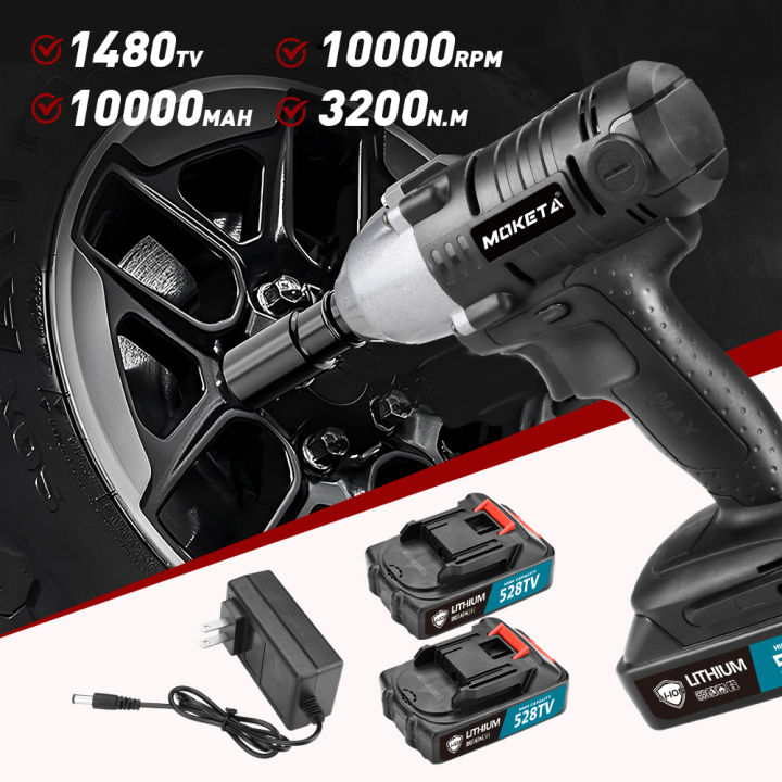 Moketa Brushless Electric Impact Wrench 3200NM 2 Li-ion Batteries Heavy Duty Cordless Brushless ...