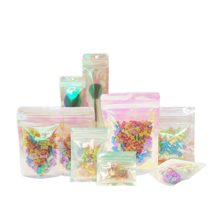 20pcs/100pcs Flat Ziplock Iridescent pink rainbow Hologram Pouch ...