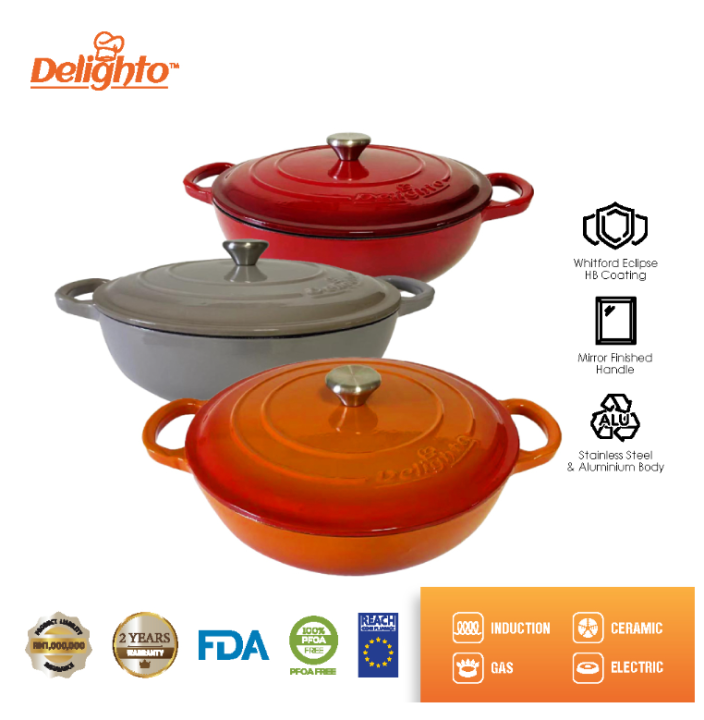 Delighto Cast Iron Shallow Casserole (30CM | 4.8L) Soup Pot DLT-2005 (Orange Colour) | Lazada