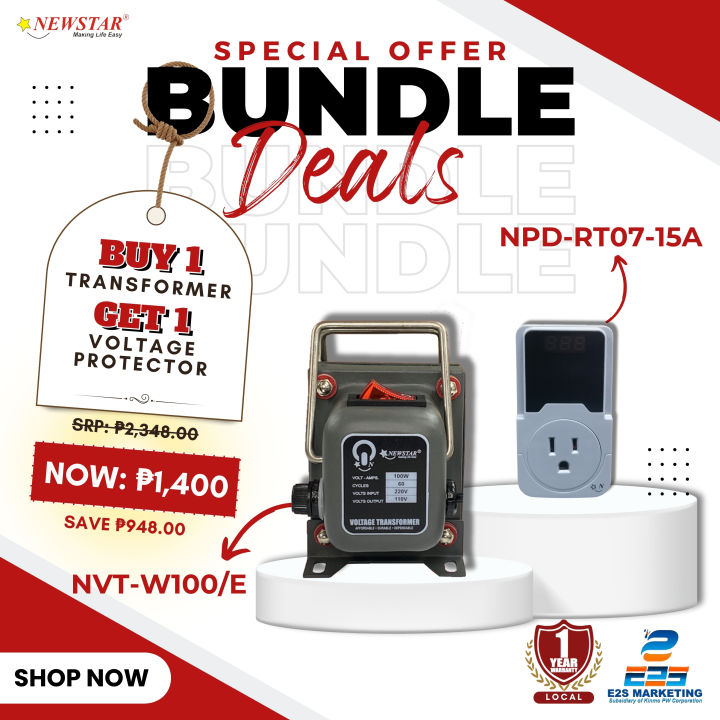 Newstar Buy 1 Get 1 Step Down Transformer 100 Watts NVT-W100/E with Voltage Protector Time-On ...
