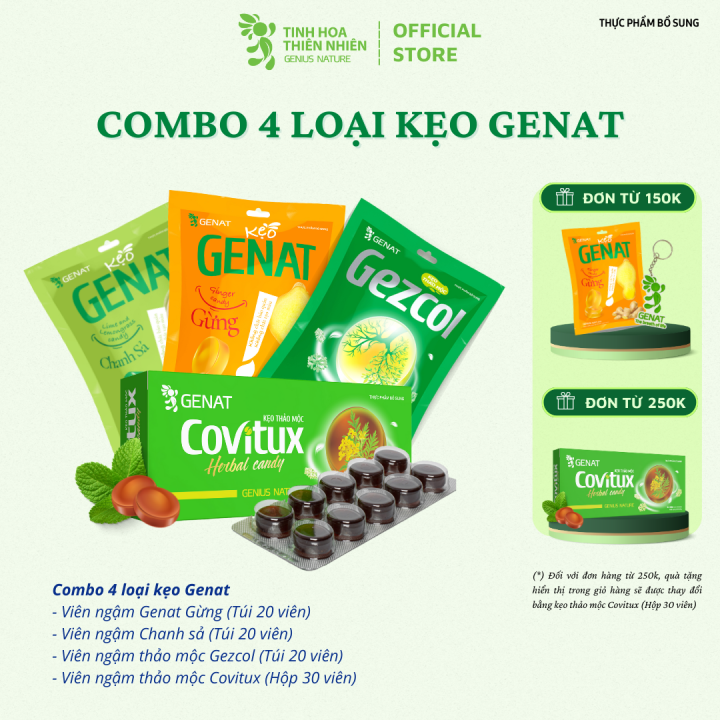Combo 4 loại kẹo thảo mộc - kẹo ngậm Chanh Sả - Kẹo Genat Gừng - Kẹo ...