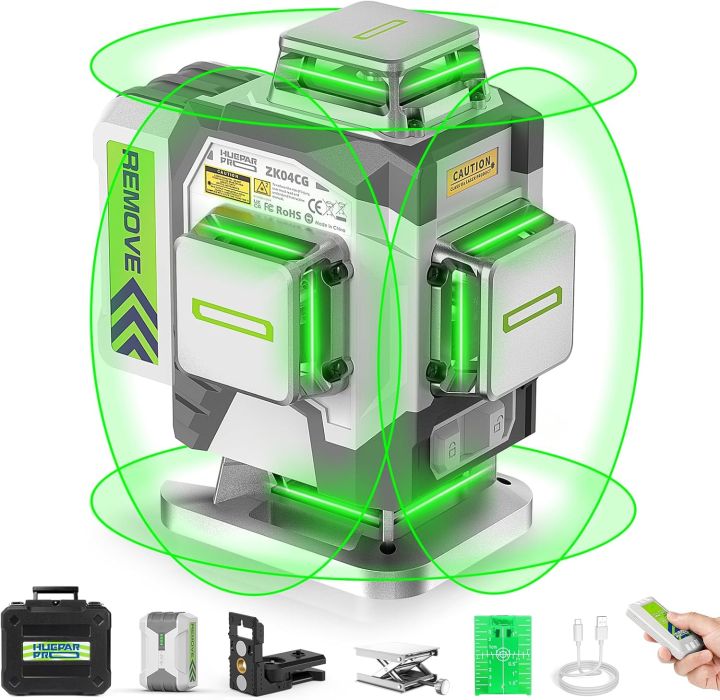 Laser Level, Huepar Pro Self Leveling 4 x 360° Green Cross Line Laser ...
