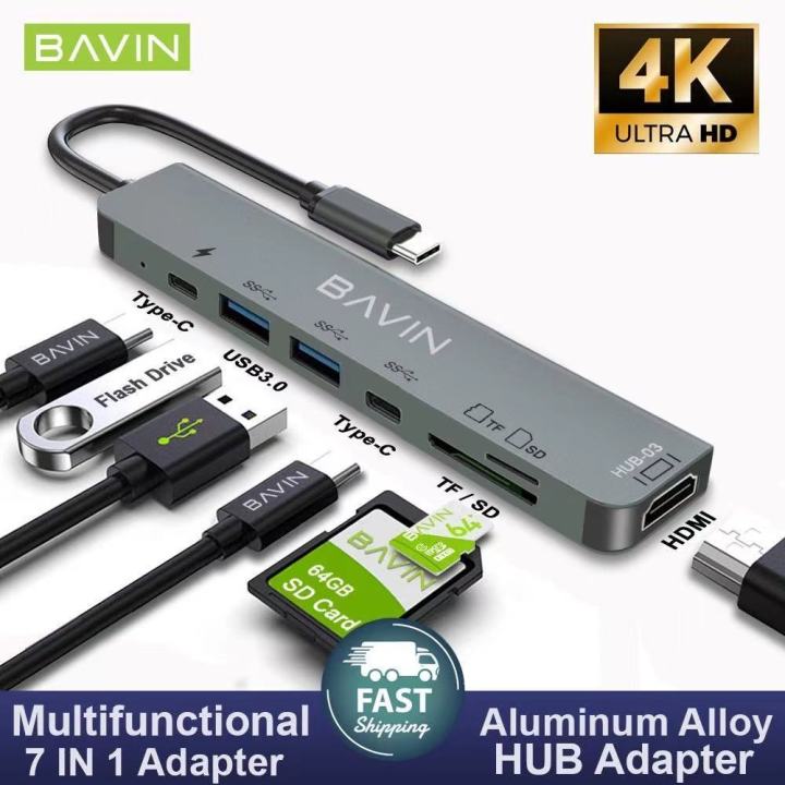 BAVIN 7 in 1 USB-C Hub Dock Aluminum Alloy HD Dual USB 3.0 Port Adapter ...