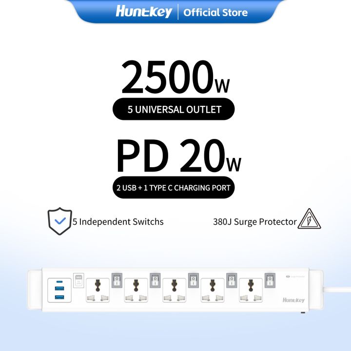 HUNTKEY 5 Universal Socket Outlet Power Strip 2 Meters Extension with 2 ...