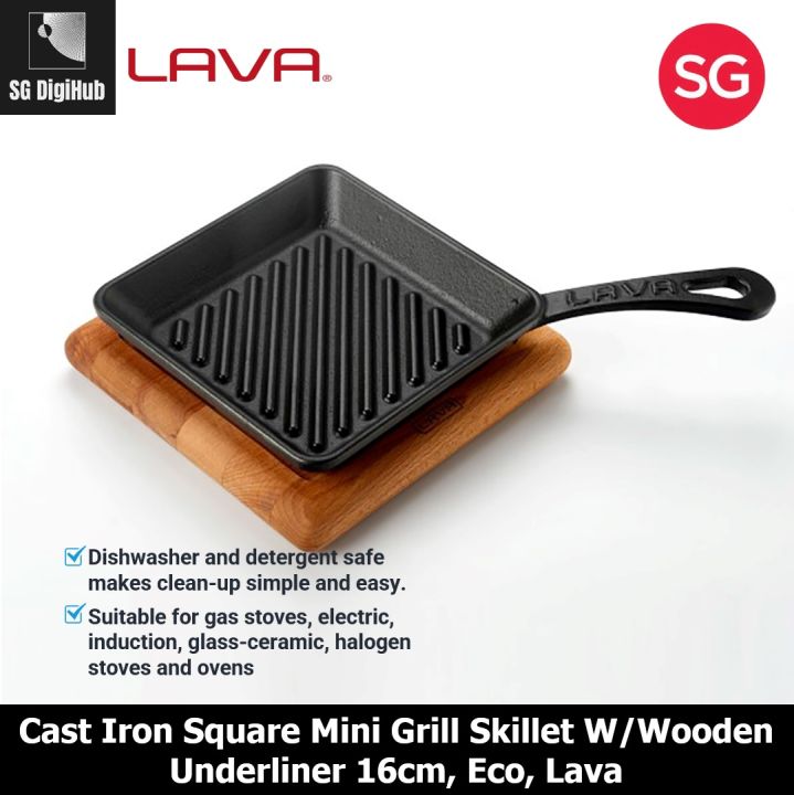 Lava Eco Cast Iron Square Mini Grill Skillet W/Wooden Underliner 16cm ...