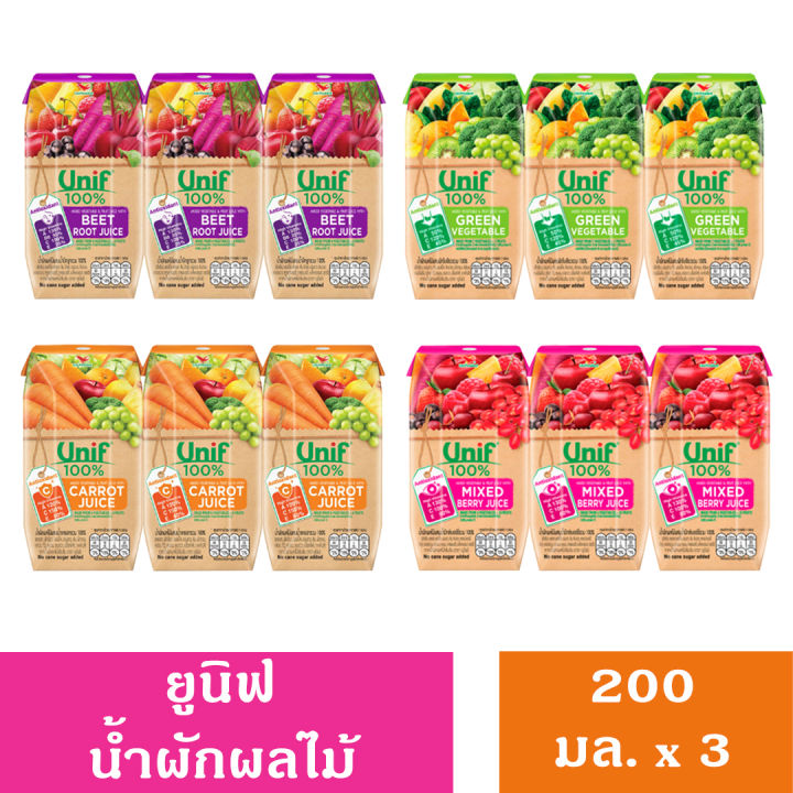 Unif 100% ยูนิฟ น้ำผักและผลไม้รวมจากน้ำผลไม้เข้มข้น ขนาด200มล.แพ็ค3 ...