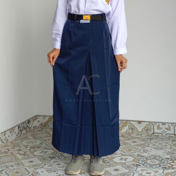 Rok Span Belah Satu Depan Rok Sekolah SMP Biru Navy Model A Line ...