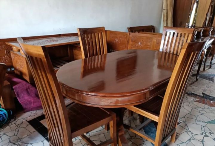 Set Meja Makan Kayu Jati, meja oval, 4 kursi | Lazada Indonesia