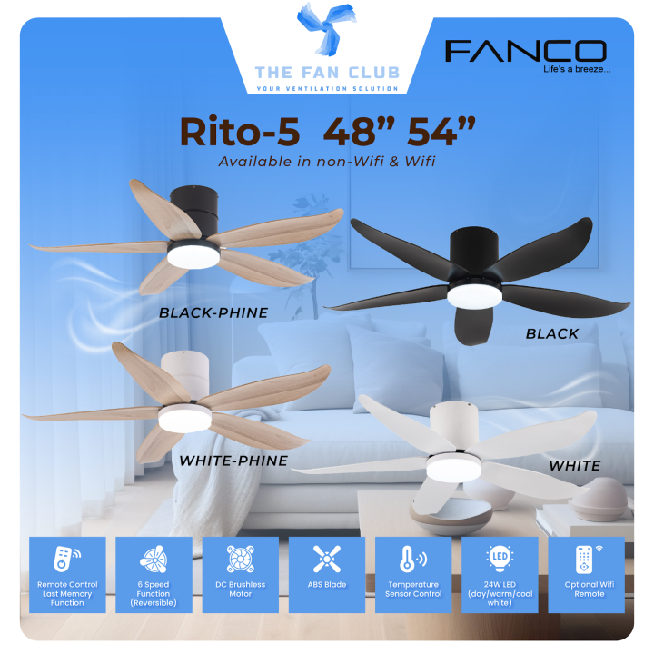 Fanco Rito-5 48"/ 54" 5 Blade DC Ceiling Fan with Tri-Tone LED Light ...