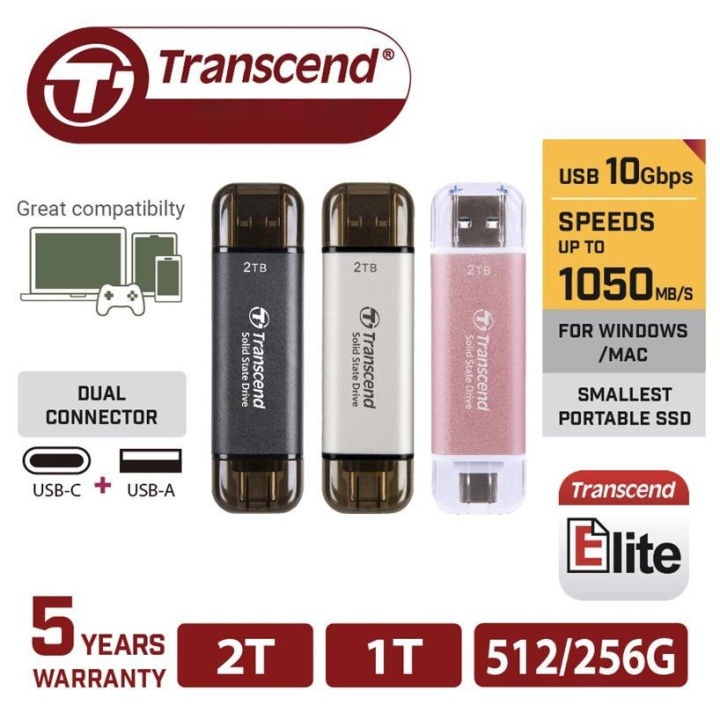 Transcend ESD310 Smallest OTG Type-C Portable SSD, Silver / Black ...