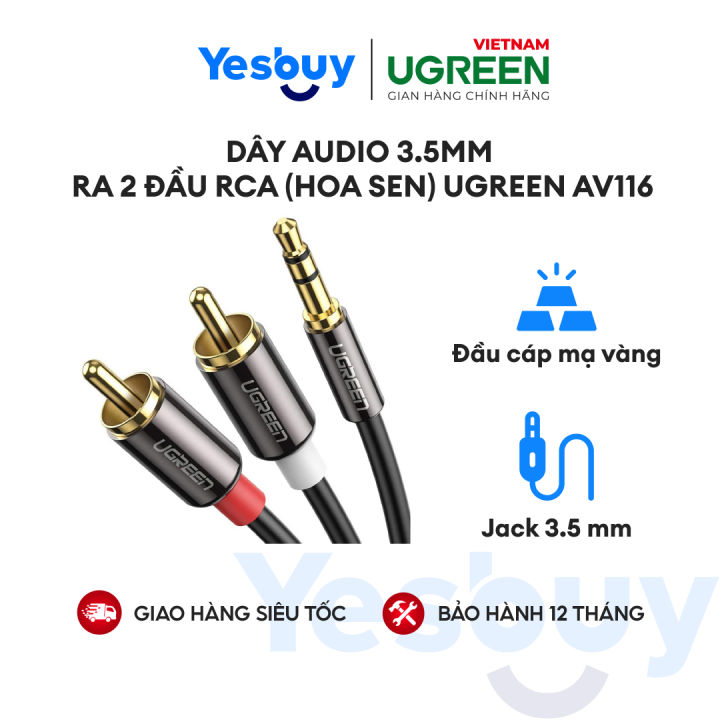 Dây Audio 3.5mm ra 2 đầu RCA (Hoa sen) UGREEN AV116 | Đầu nối mạ vàng 14K | Lõi cáp chế tạo từ ...