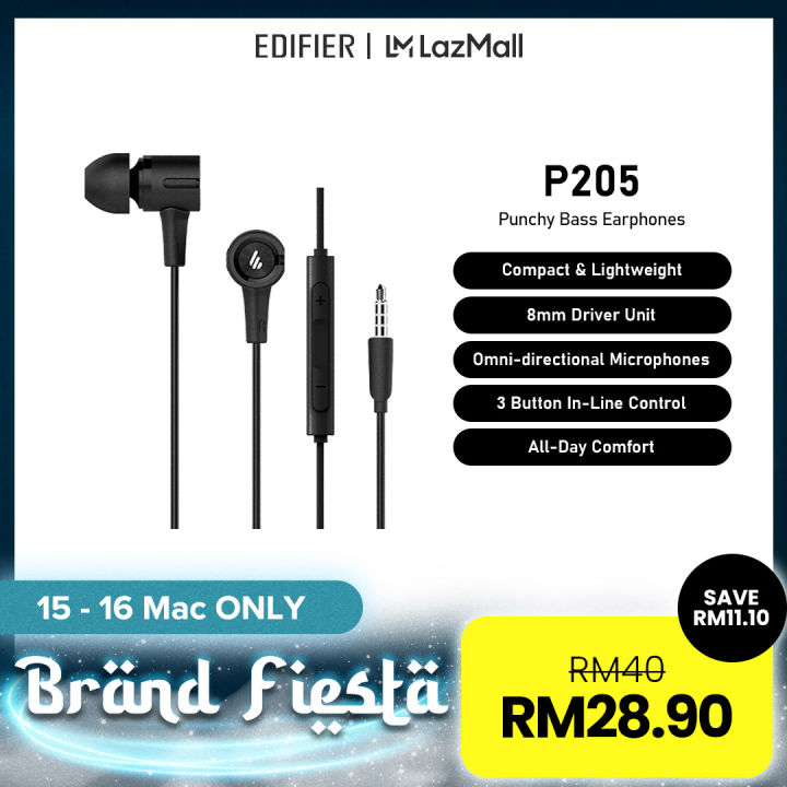 Edifier P205 Wired Earbuds - Heavy Bass | AUX Jack | Built in Mic | In ...