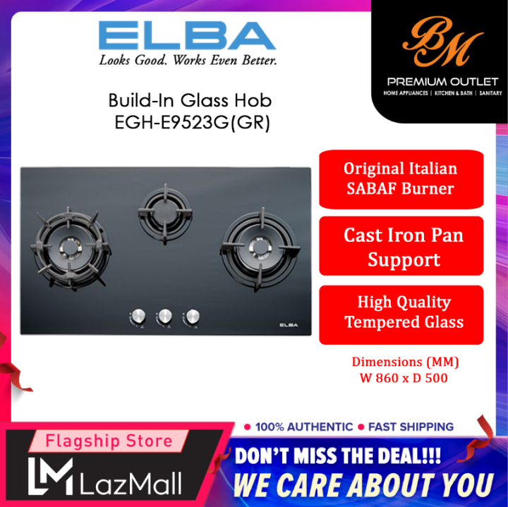 ELBA EGH-E9523G(GR) 3 BURNER SABAF BURNER SAFETY VALVE TEMPERED GLASS ...