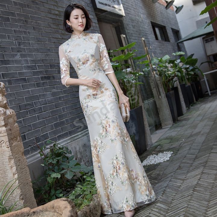 Improved Cheongsam New Style Female Girl Slim-Fit Long Chinese Fishtail ...