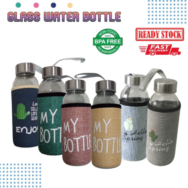 Botol Air Kaca PORTABLE Glass WATER BOTTLE 300ml with POUCH BAG FOR HOT ...