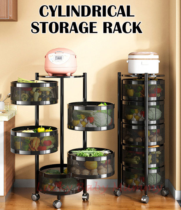 Cylindrical Kitchen Rotating Storage Box Basket Trolley Rack Vegetable ...