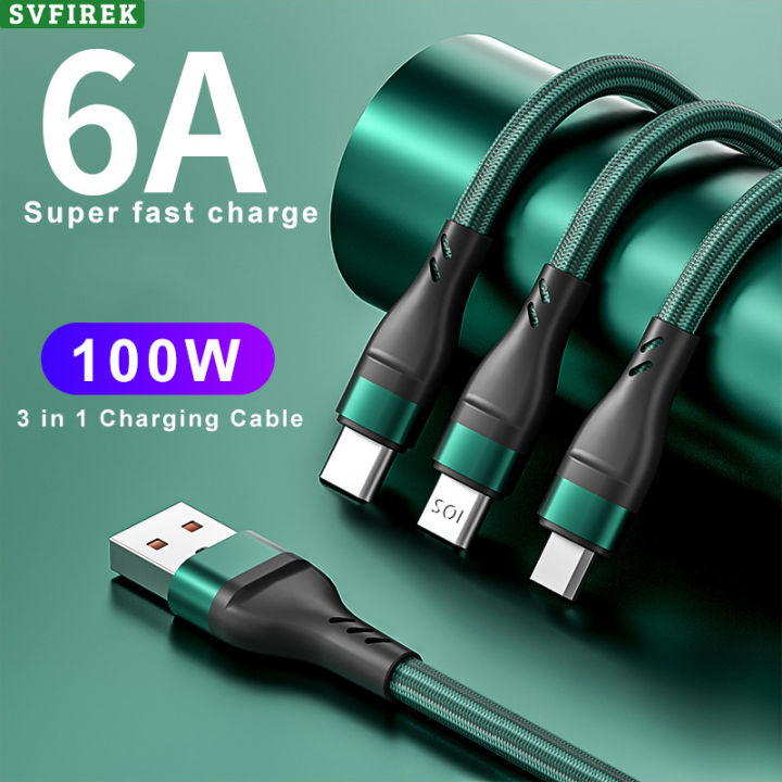 100W 6A Super Fast Charging Cable 3 in 1 USB Cable Quick Charging Wire ...