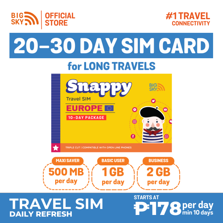 EUROPE 20-30 DAY SNAPPY Travel SIM Card at up to 2GB High-Speed Data ...