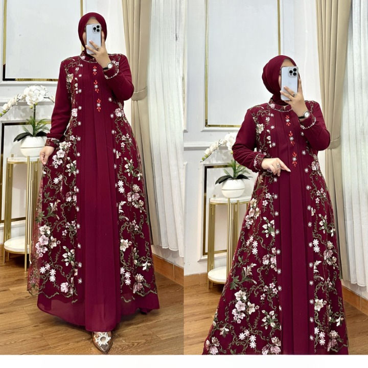 Gamis Brukat Kondangan Misela Maxy BO Bahan Kain Ceruty Babydoll Full ...