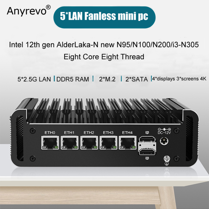Alat Firewall Fanless Mini PC Soft Router 5xi226-V 2.5G Router 12th Gen Intel N100 Core I3-N305 ...