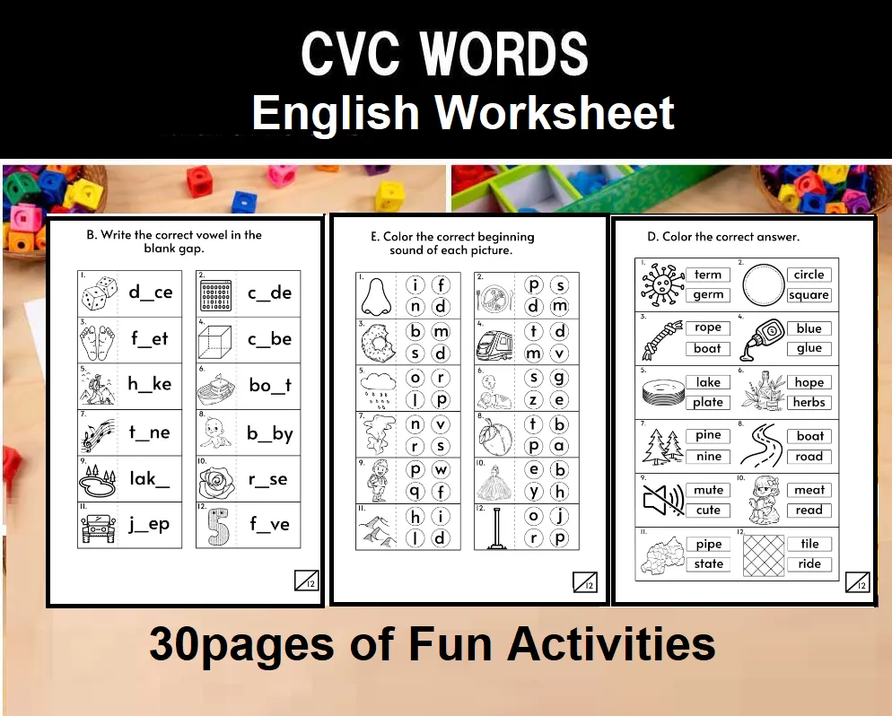 Phonics CVC Words English worksheet long vowel kids activities for ...