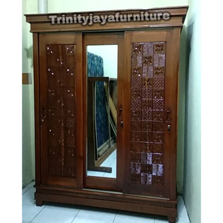lemari Pakaian Kayu Jati Muda Sliding 3 pintu 2 Rak Anti Air Anti Rayap ...