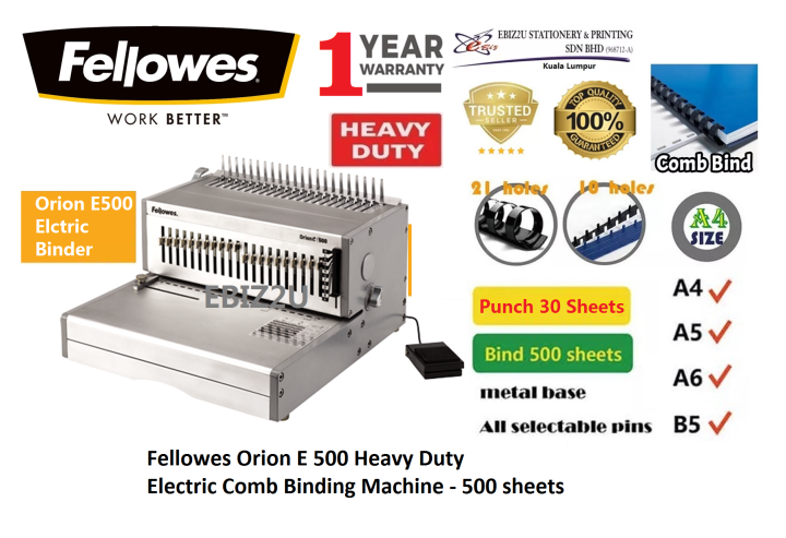 Fellowes Orion E 500 Heavy Duty Electric Comb Binding Machine - Punch 30 sheets & bind 500 ...