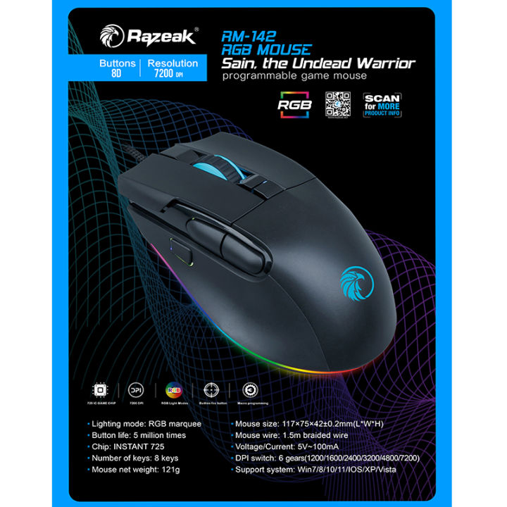 เมาส์เกมมิ่งมีไฟRGB Razeak RM-142 RGB (สินค้าใหม่)ใช้งานง่าย ปรับDPIได้ ...