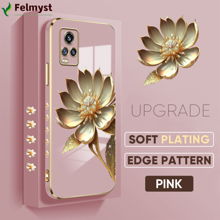 （Free Lanyard）For HP casing Vivo V20 V20 2021 Gold Lotus Flower Square ...