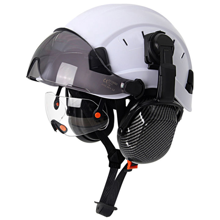 Safety Helmet With Visor Built In Goggles Carbon Fiber Pattern Earmuff ...