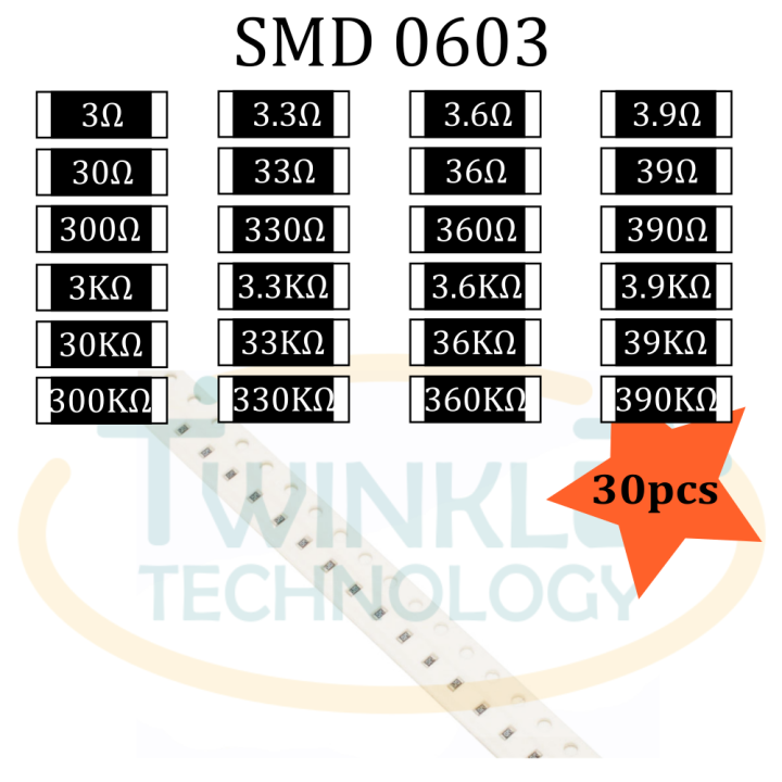 Resistor SMD 0603 3ohm, 3.3ohm, 3.6ohm, 3.9ohm, 30ohm, 33ohm, 360ohm ...