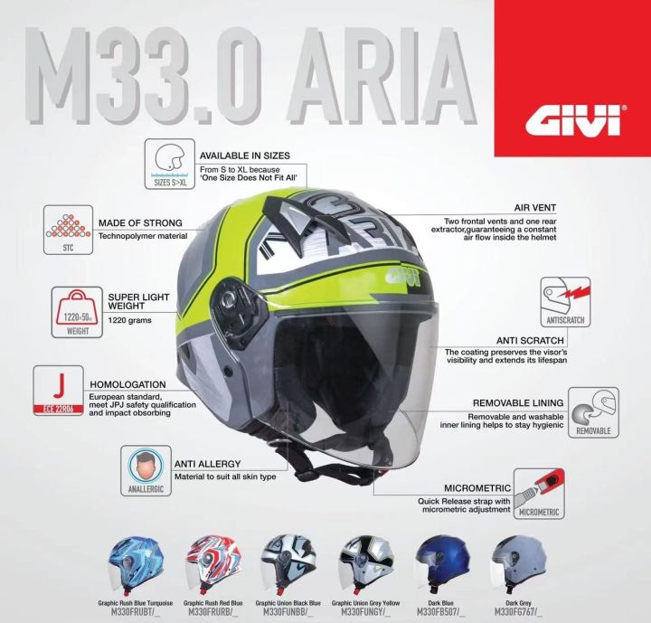 GIVI HELMETS M33.0 ARIA Jet Single Visor Plain Design Open Face ULTRA ...
