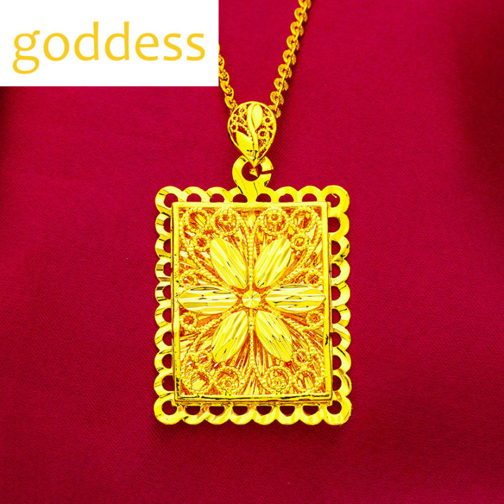 24K Saudi Gold Pawnable Large Flower Square Pendant Clavicle Necklace ...