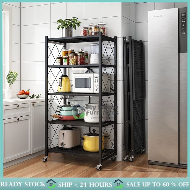 3/4/5 Tiers Simple Foldable Design Kitchen Rack with Rollers/ Rak Lipat ...