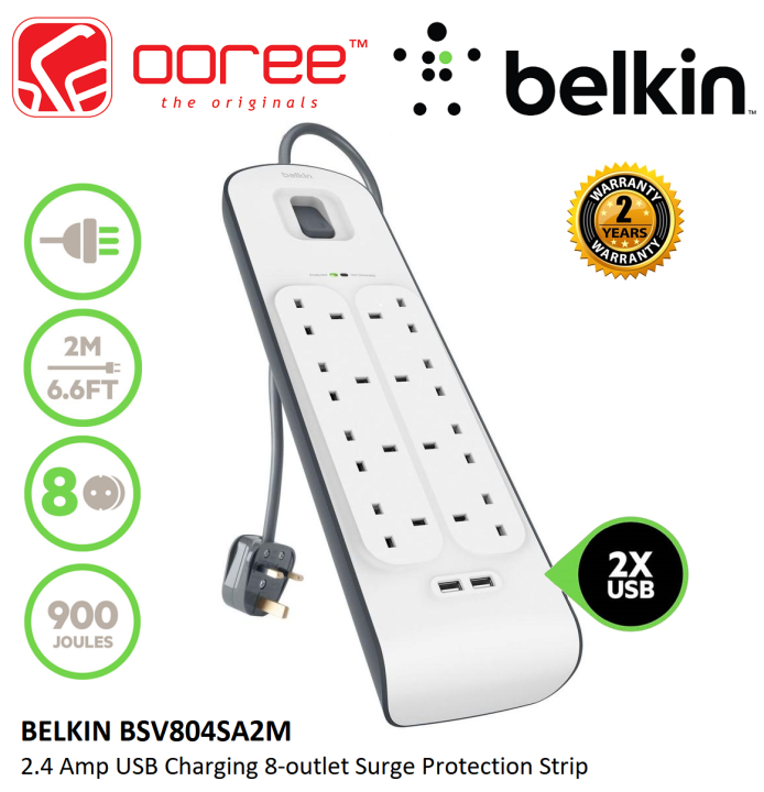 BELKIN BSV804SA2M 8 UK PLUGS WITH 2 USB (OUTPUT: 2.1A) POWER STRIP ...