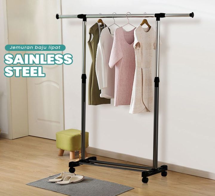 Jemuran Baju Lipat Stainless Stand Gantungan Baju Beroda Stand Hanger ...