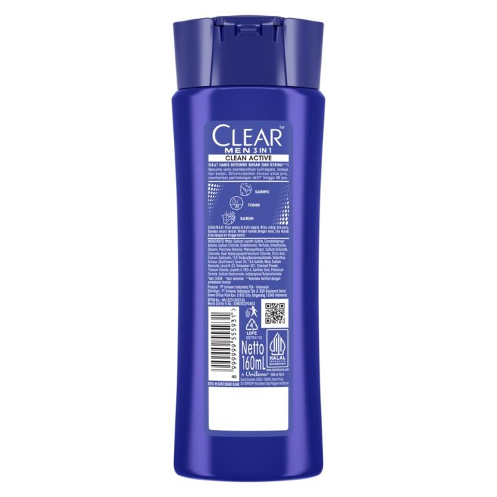 CLEAR Men Shampoo Anti Ketombe 3 in 1 Clean Active Sampo Tonik Sabun 48 ...
