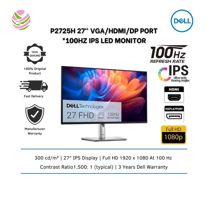 Dell P2725H 27 Inch Full HD (1920x1080) Monitor, 100Hz, IPS, 5ms, 99% ...
