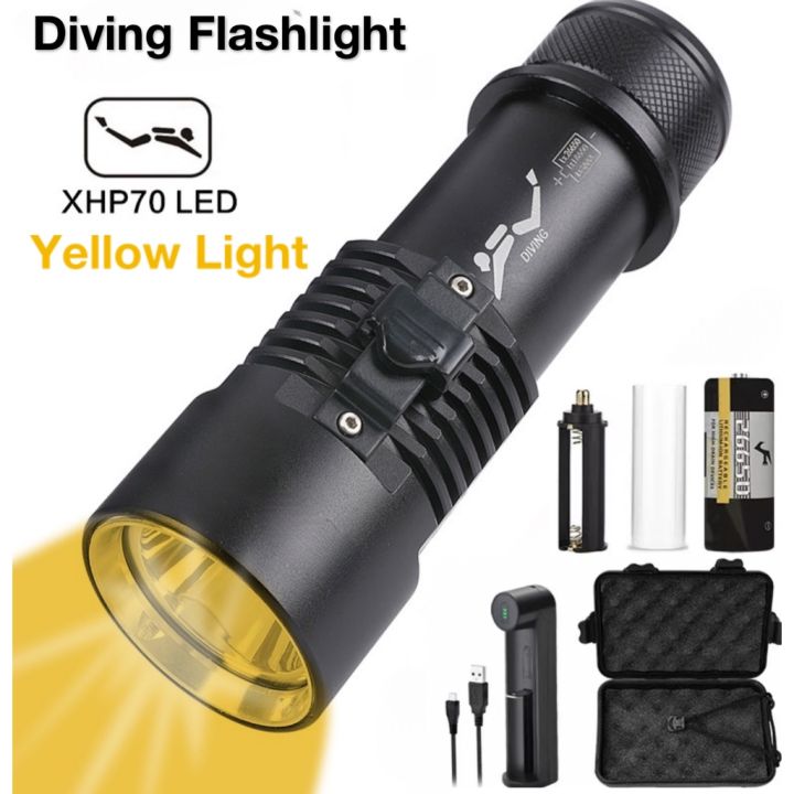 Diving Flashlight Yellow Light XHP70 5000lumen Underwater Lamp White ...