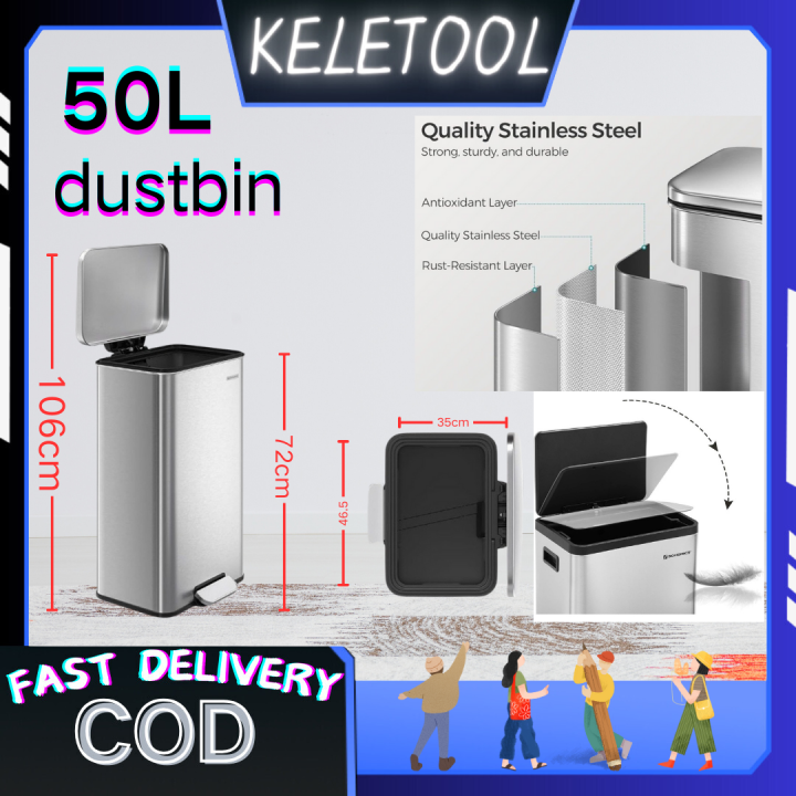 Stainless steel dustbin Pedal step Rubbish Bin tong sampah bertutup ...