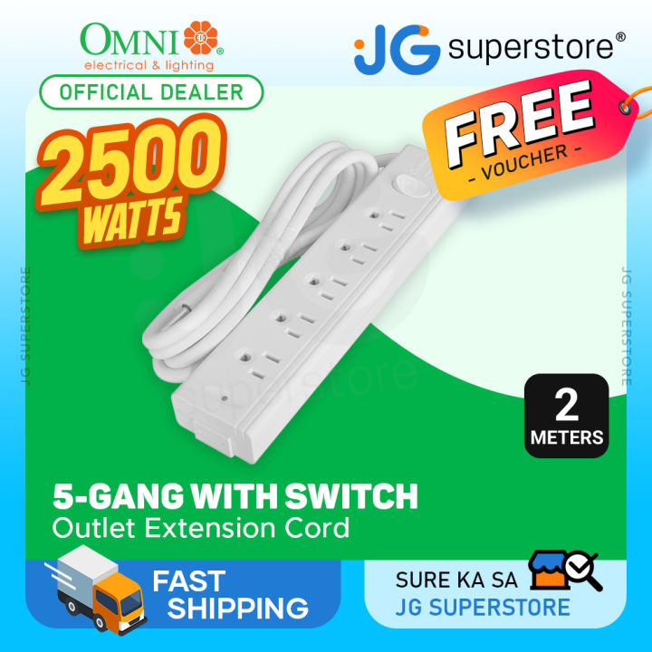 OMNI 2500W 15A 125V 5-Gang 2 Meters Extension Cord Cable with Magnet ...