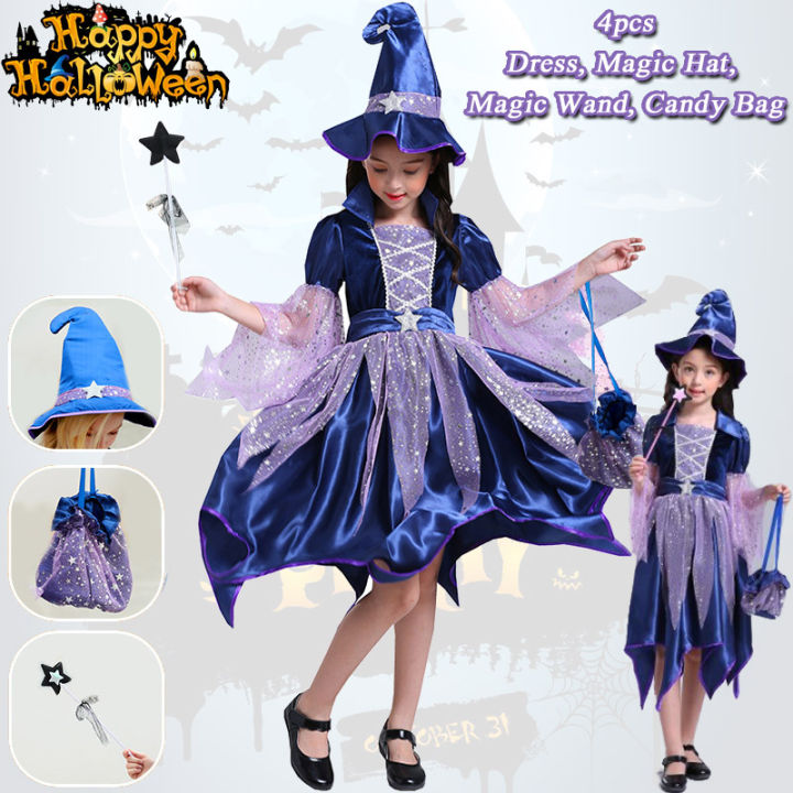 Halloween Kid Girl Witch Costume Sparkling Star Dress Children Magician ...