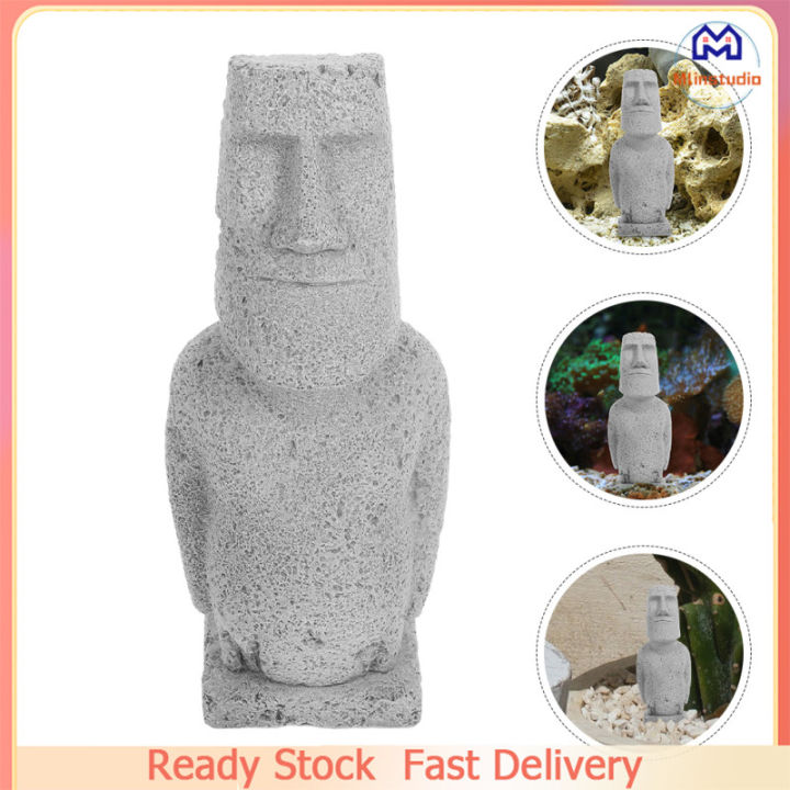 Mlinstudio Ornaments Moai Statue Aquarium Sculpture Funny Tank Decorations Sandstone Desktop ...
