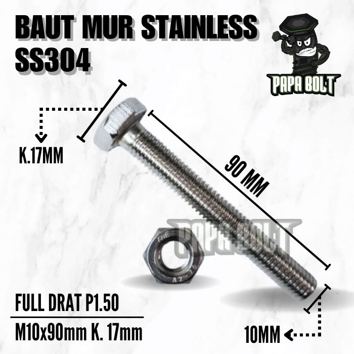 Baut Mur Hex Stainless Steel 304 10x90 / M10 x 90 Kunci 17 P1.50 FT | Lazada Indonesia