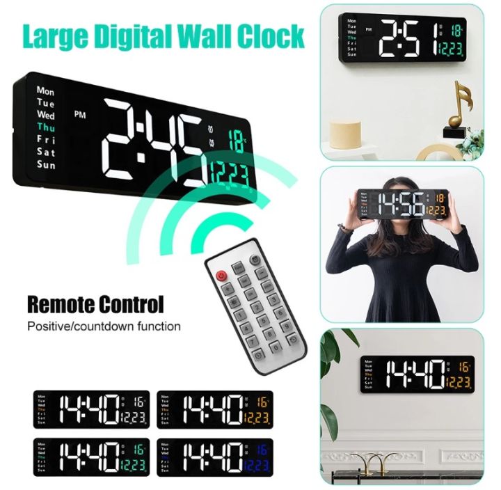 Remote Control Large Electronic Wall Clock Temp Date Power Off Memory ...
