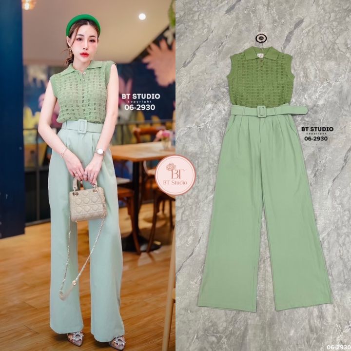งานป้าย BT-Studio set 3ชิ้นเสื้อไหมพรมแขนกุดคอปกงานถักสวยม๊ากก แมทซ์กับกางเกงขายาวเอวสูงมาพร้อม ...
