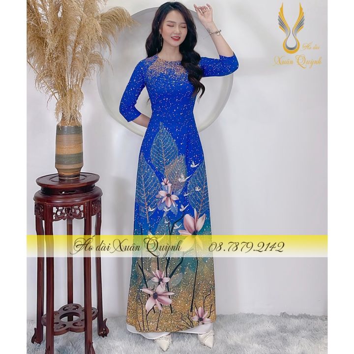 Áo Dài Lụa Habutai Cao Cấp, Hoa Phối Chấm Bi Sang Trọng K66 Xanh - Áo ...